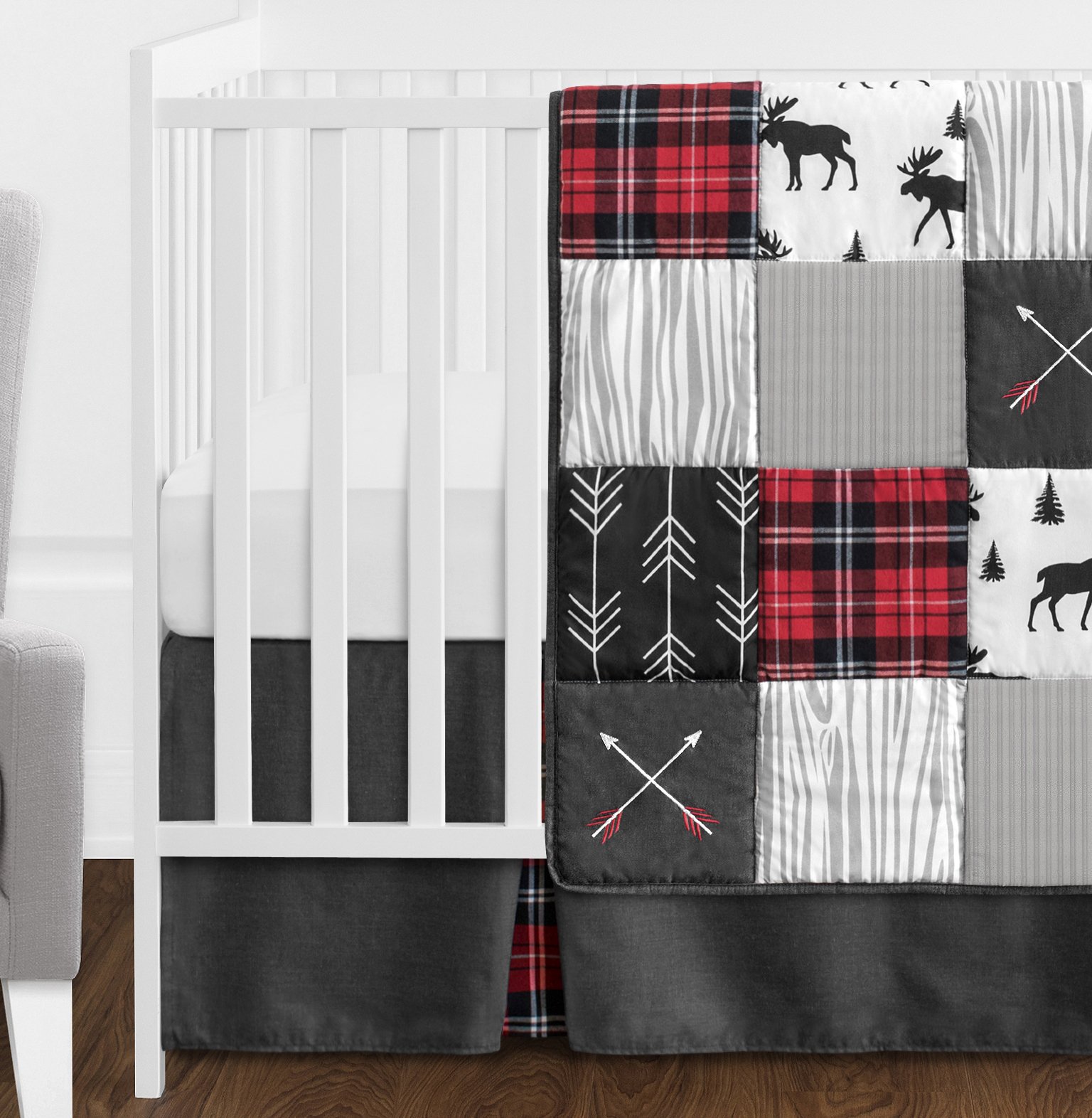 Sweet Jojo Designs Grey, Black and Red Woodland Plaid and Arrow Rustic Patch Baby Boy Crib Bedding Set Without Bumper - 11 Pieces - Flannel Moose Gray