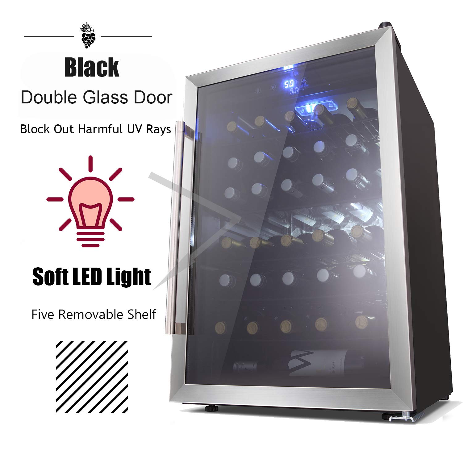 Antarctic Star 36 Bottle Wine Cooler/Cabinet Beverage Refigerator Small Wine Cellar Soda Beer Counter Top Bar Fridge Quiet Operation Compressor Digital Freestanding Door Black Glass
