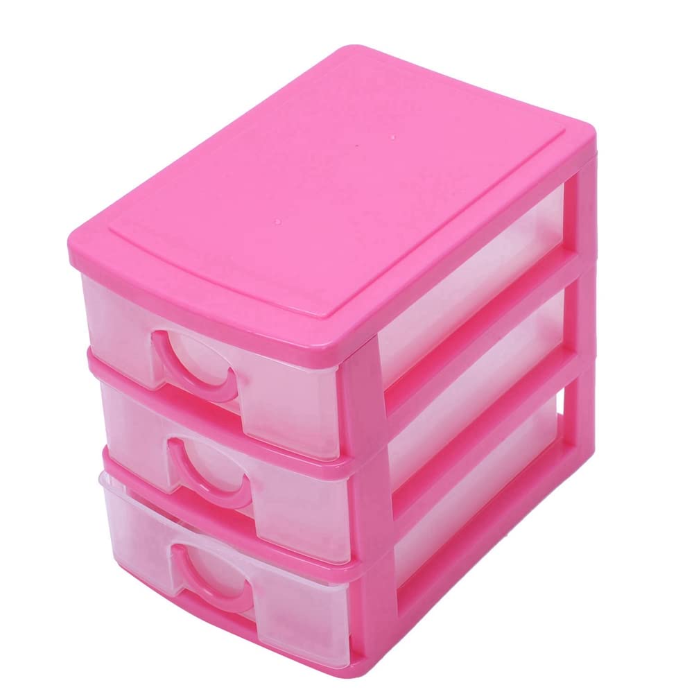 Baglaum 2X Mini Translucent Drawer Type Plastic Storage Box(Rose Red 3 Layers)
