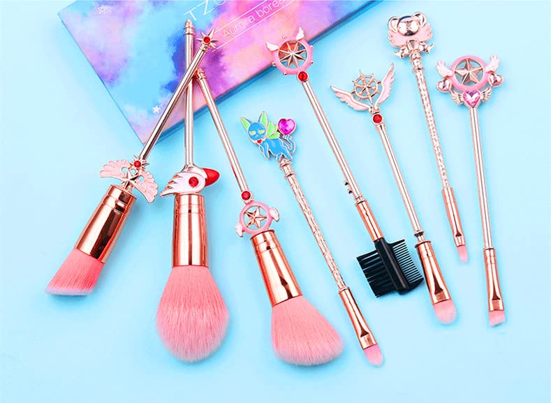 8Pcs Cardcapto Sakor Makeup Brushes Set, Rose Gold Anime Series Cosmetic Makeup Tool Kit Set with Pink Drawstring Bag