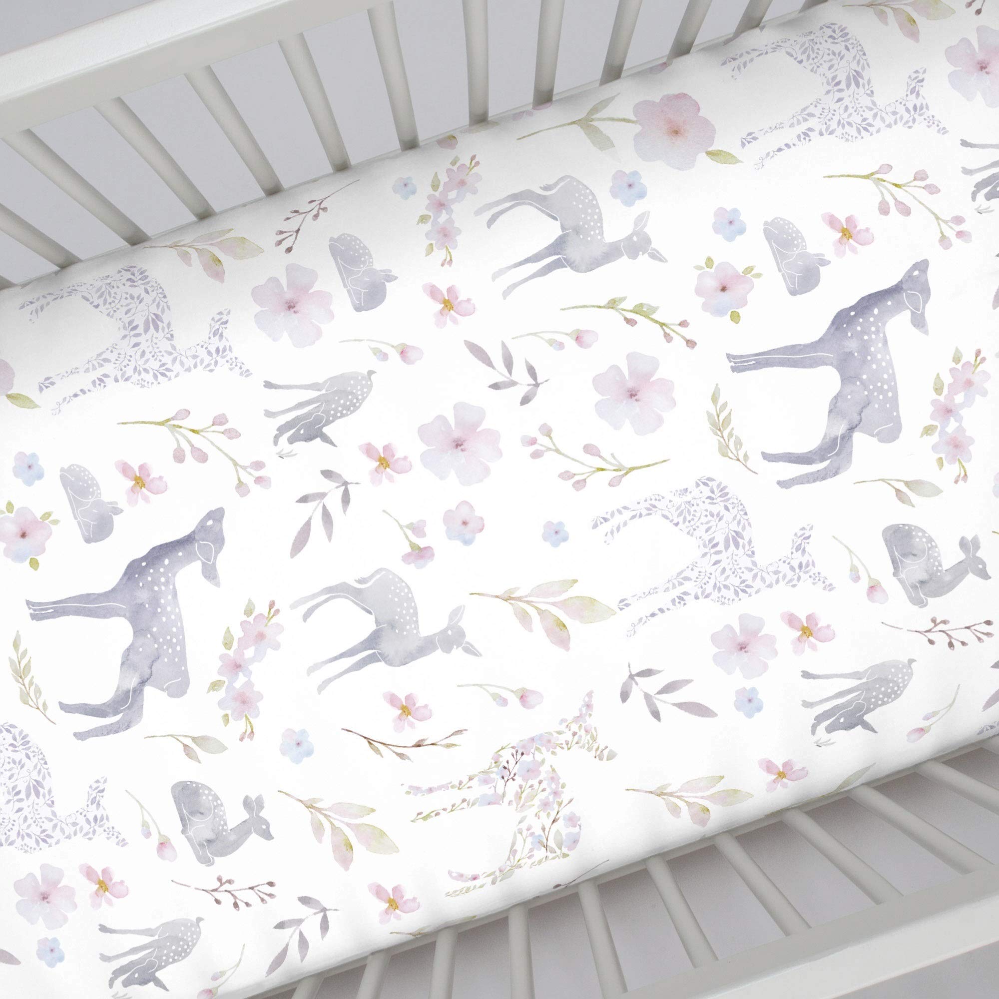 NoJo Super Soft Floral Deer Nursery Mini Crib Fitted Sheet, Grey, Light Blue, Pink, White 24x38 Inch (Pack of 1)