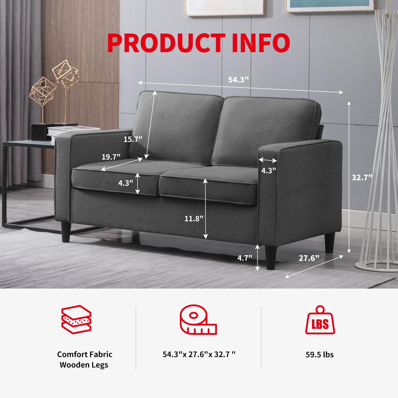 PUREMIND Loveseat Sofa, 54 inch Linen Fabric Small Couch, Modern Upholstered Love Seat Mini Couch with Armrest Pockets, 2 Seater Small Sofa for Small Spaces, Bedroom, Living Room, Office (Dark Gray)