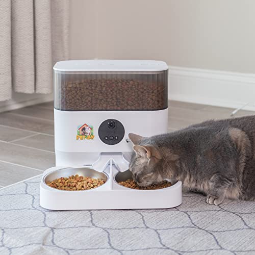Automatic Cat Food Dispenser - with 1080p Wide Angle Smart Camera and WiFi - Automated Pet Feeder - Auto Timed Function with Portion Control - Dual Dishes for Multiple Cats