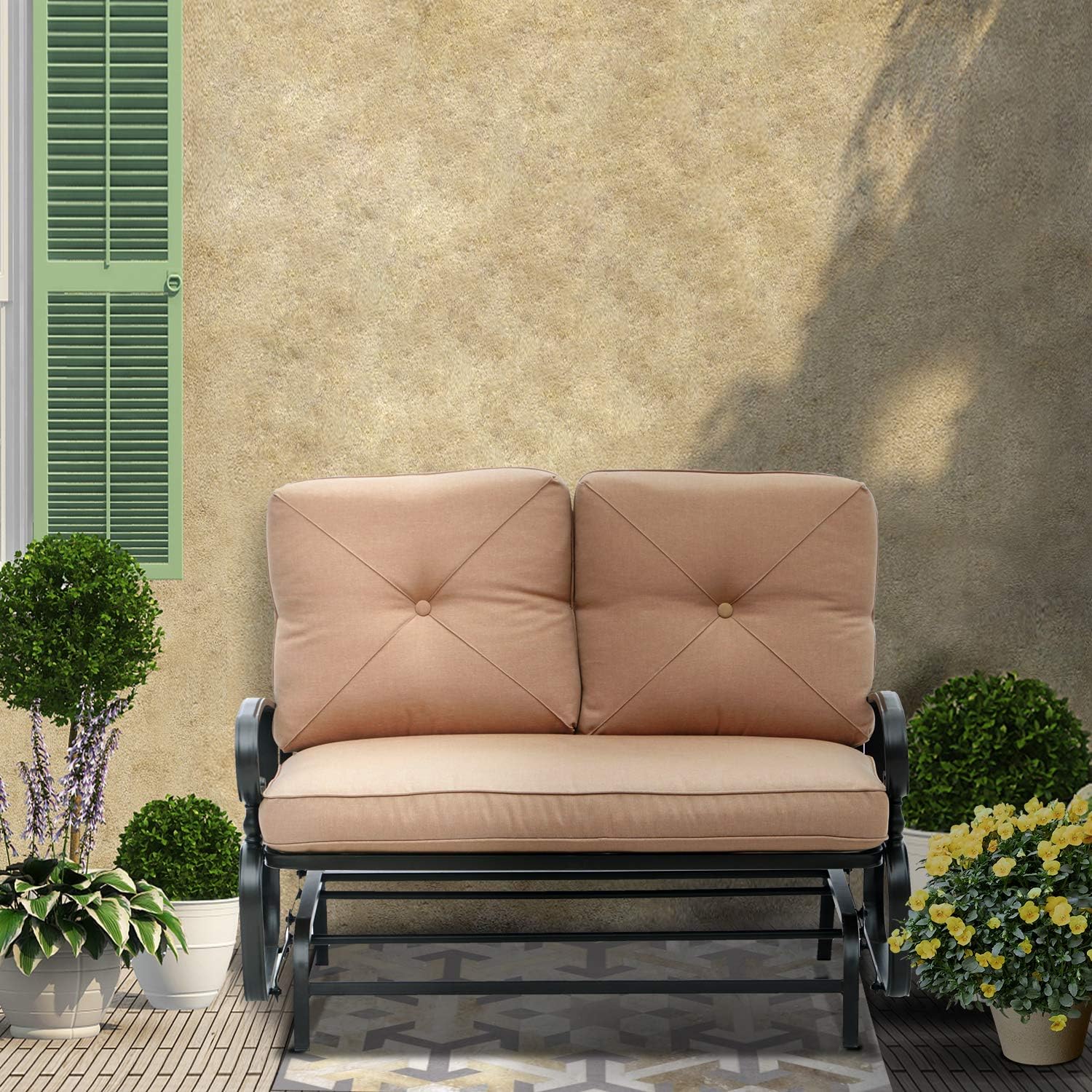 Betterland Outdoor Glider Rocking Chair Patio Swing Glider Bench for 2 Person, Metal Frame Loveseat Chair with Cushions (Brown)