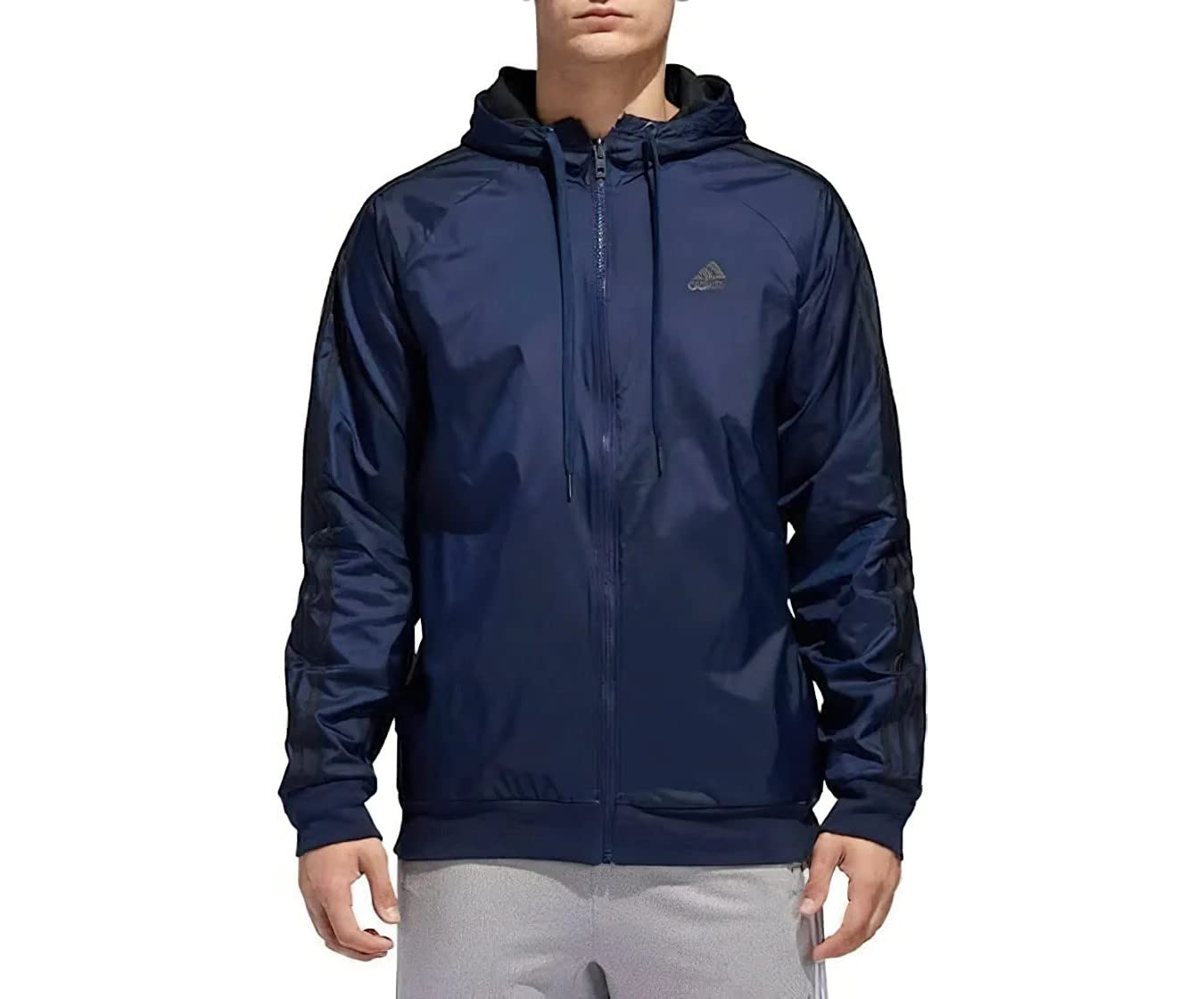 Adidas Men's Reversible Balance 3-Stripes Lightweight Hooded Jacket, Collegiate Navy/Black Small