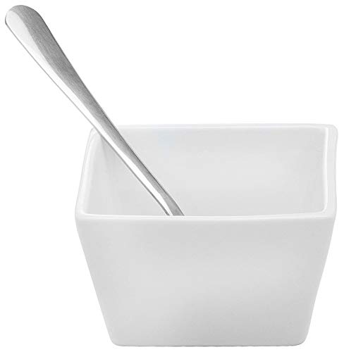 White Ceramic Appetizer Condiment Relish Serving Bowl Set of 4 With Spoons & Stainless Steel Tray (Modern Square)