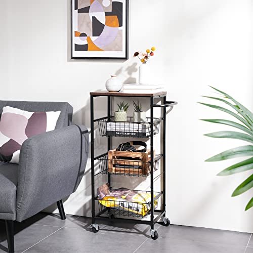 LEGUANG Kitchen Storage Rolling Cart on Wheels, 4 Tier Metal Rolling Utility Carts Microwave Rack with Wooden Tabletop for Kitchen Island, Bathroom, Living Room(Black)