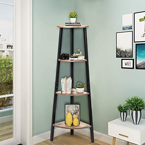 Tangkula Industrial Corner Shelf, 4-Tier Ladder Bookshelf, Metal Frame Storage Rack, Bookcase, Plant Stand, Multipurpose Accent Furniture for Home Office, Display Corner Shelf (Rustic Brown)