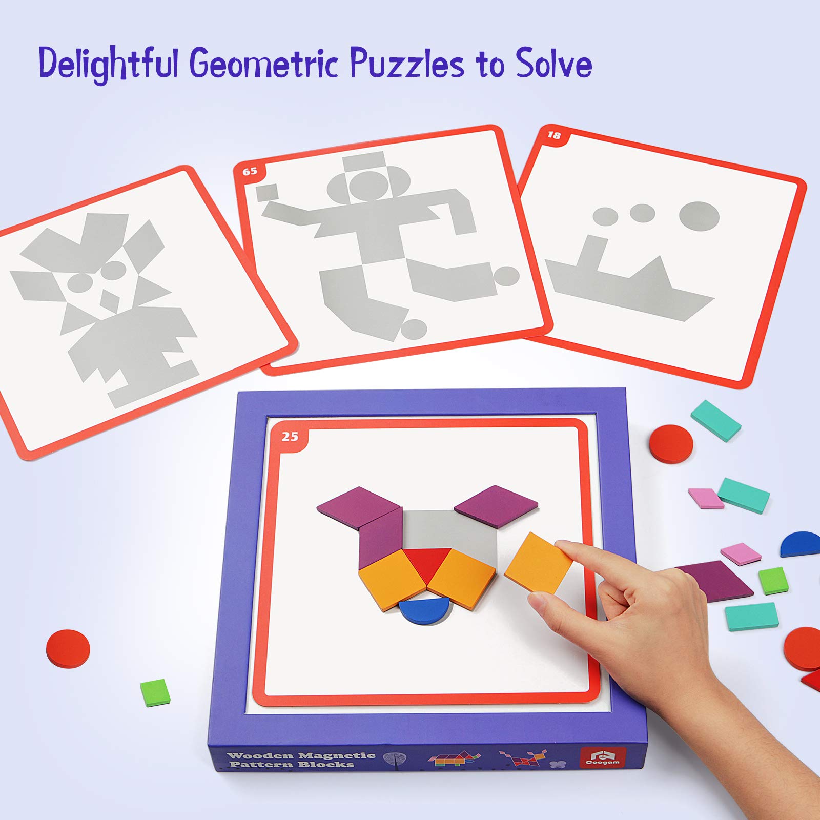Coogam Wooden Magnetic Shape Puzzle Pattern Blocks Set, Tangram Geometric Manipulative Brain Teasers Toy Montessori Magnet Board Puzzle STEM Gift for Kids with 80 Challenges