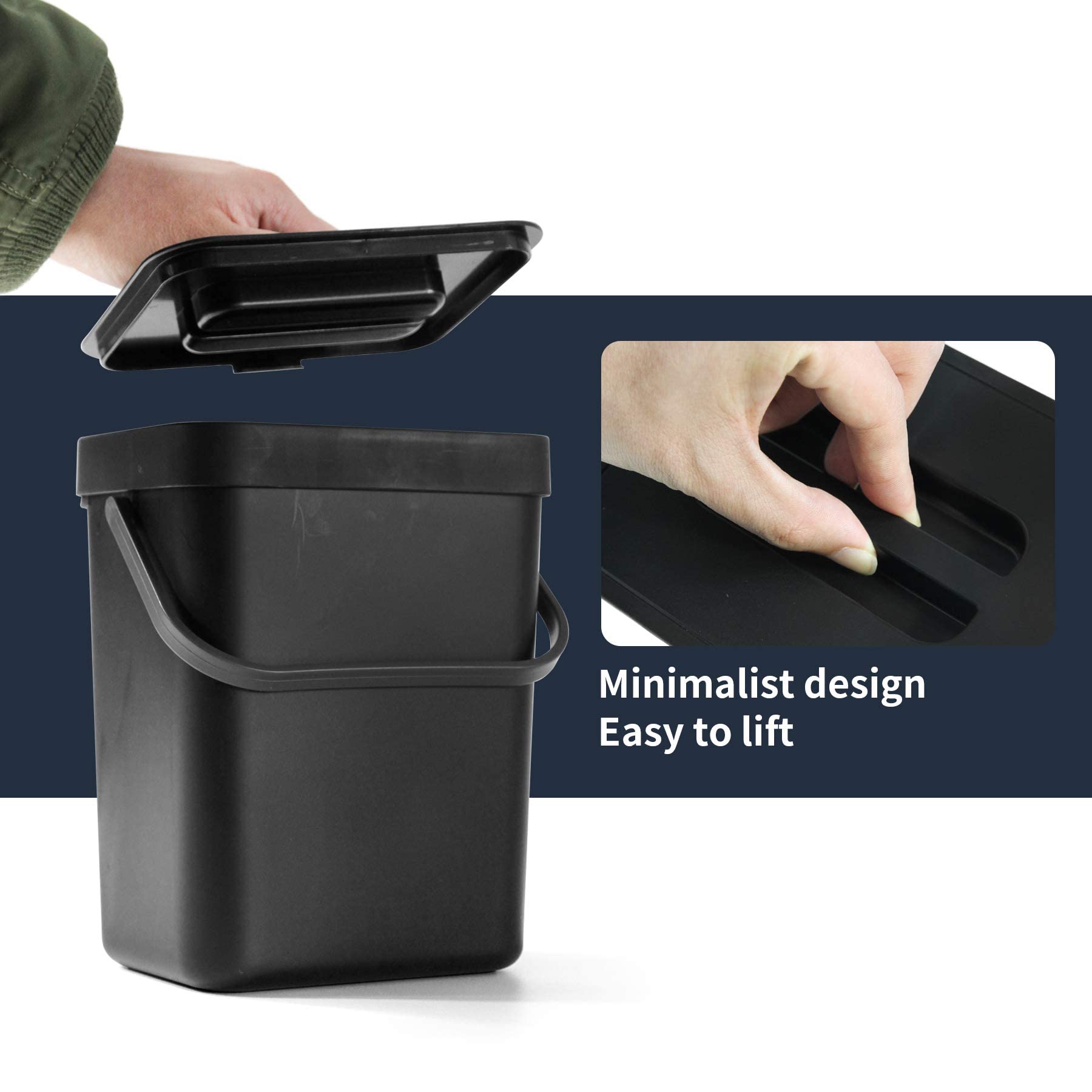 Domiella 2 Pack 1.3 + 0.8Gal Hanging Small Trash Can with Lid, Kitchen Compost Bin for Counter Top Under Sink, Sealed Food Waste Bin, Mountable Indoor Compost Bucket for Cupboard/Bathroom (Black)