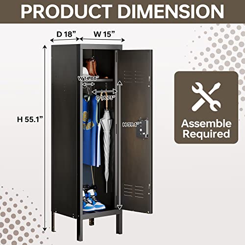 MIIIKO Metal Storage Locker Cabinet with 1 Door, Steel Wardrobe Cabinet with Hanging Hooks, Locker for Bedroom, Home Office, Gym and Changing Room