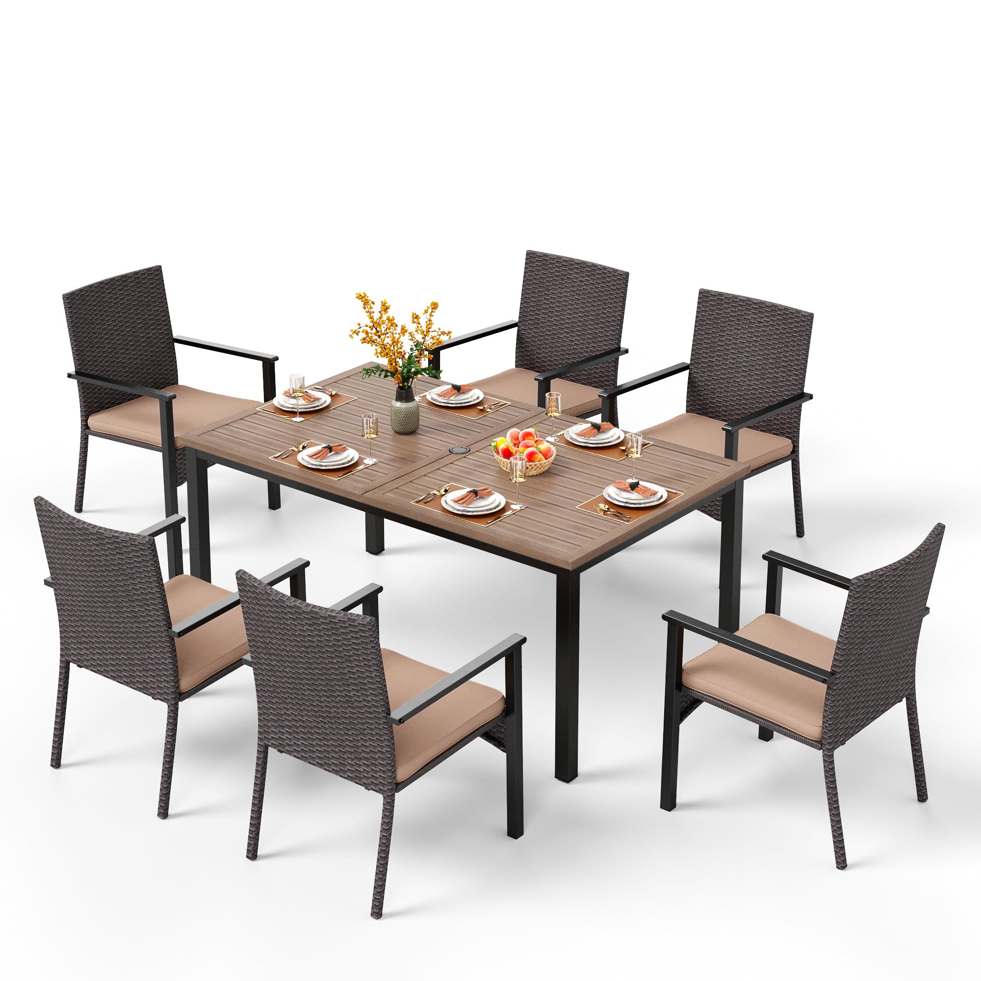PHI VILLA 7 Pieces Patio Dining Set for 6, 65” Wood-Like Metal Steel Dining Table & Rattan Wicker Chairs with Cushions, Large Dining Furniture Set for Outdoor Deck, Yard, Porch