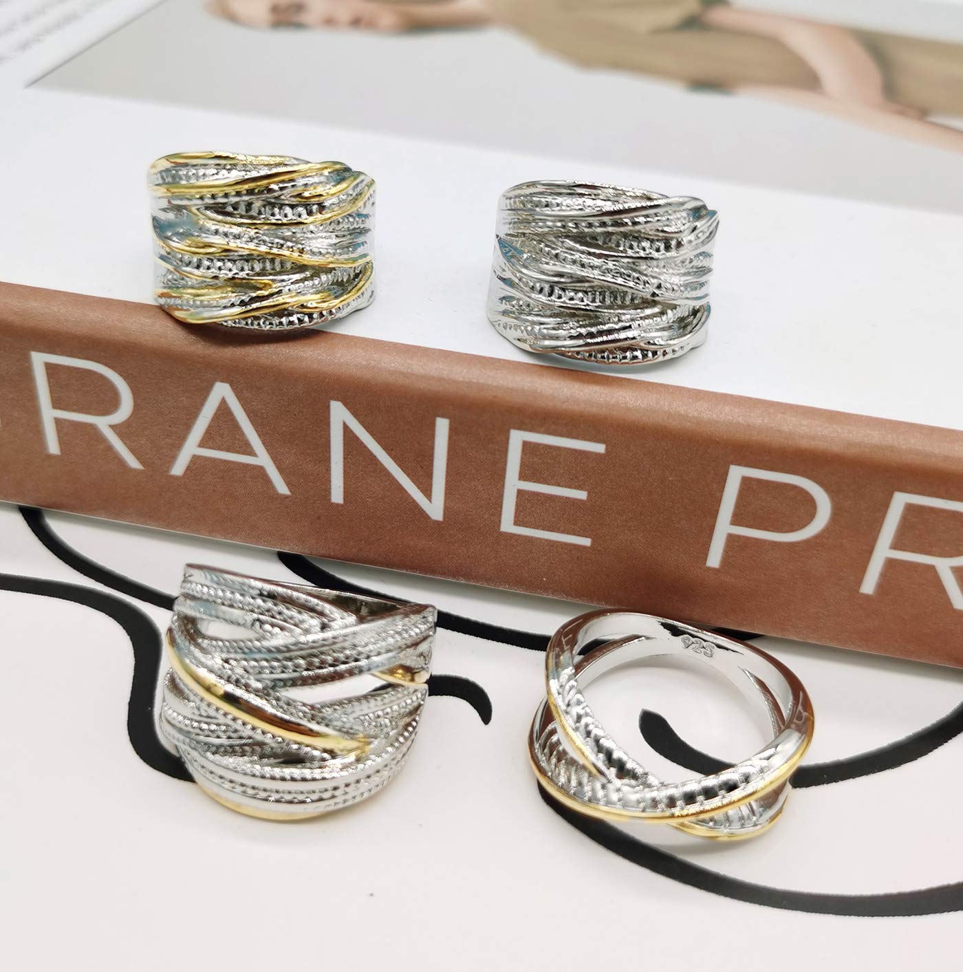CASDAN 4Pcs Intertwined Crossover Statement Ring for Women Fashion Wrap Chunky Rings Twine Twisted Cable Wide Statement Band Ring for Men, Size 8