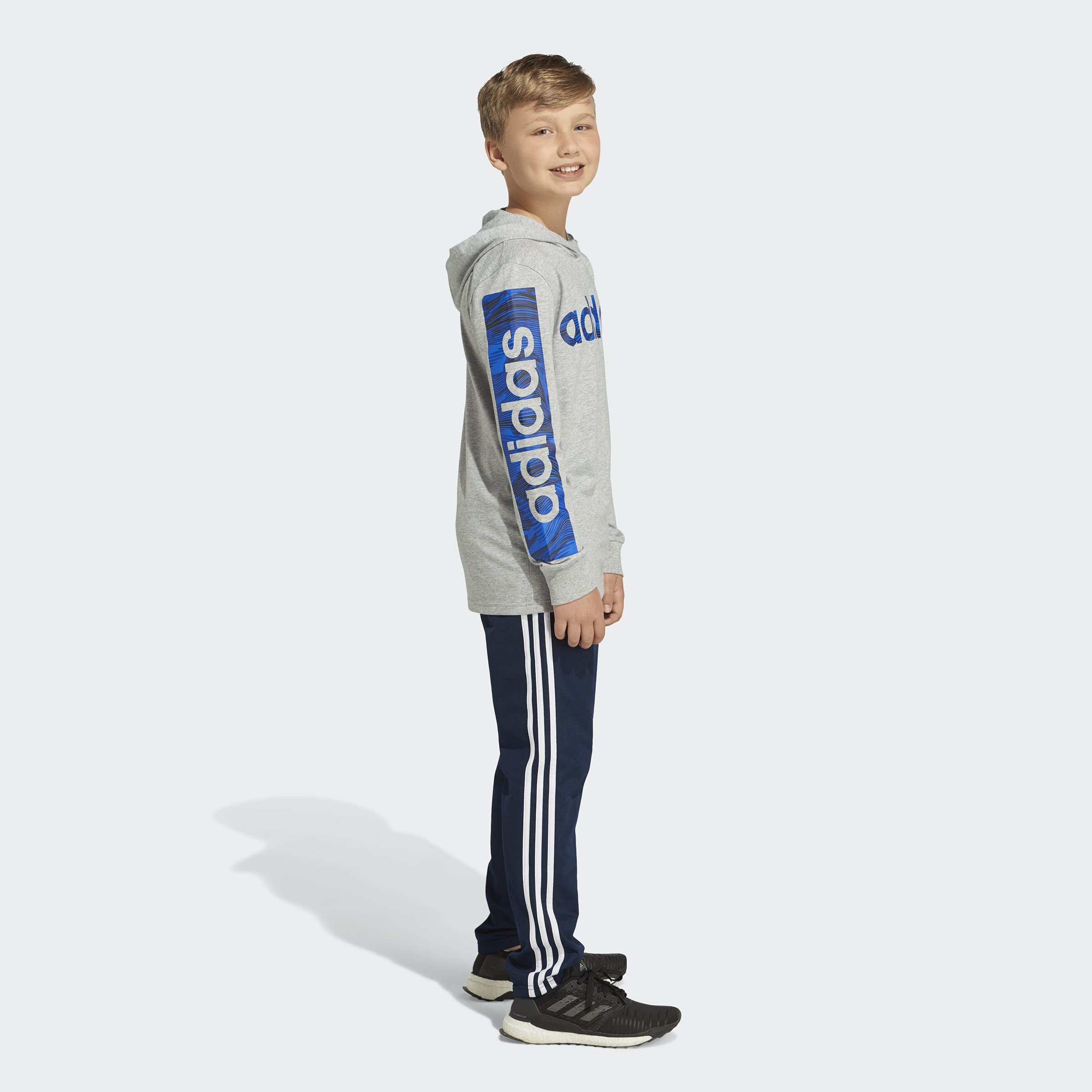 adidas boys Long Sleeve Linear Camo Hooded Heather Tee T Shirt, Charcoal Grey Heather, Small US