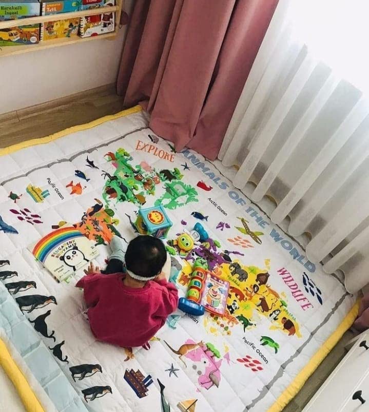 Baby Play Mat, Animals of The World, 60x60 Inches 100% Cotton Machine Washable