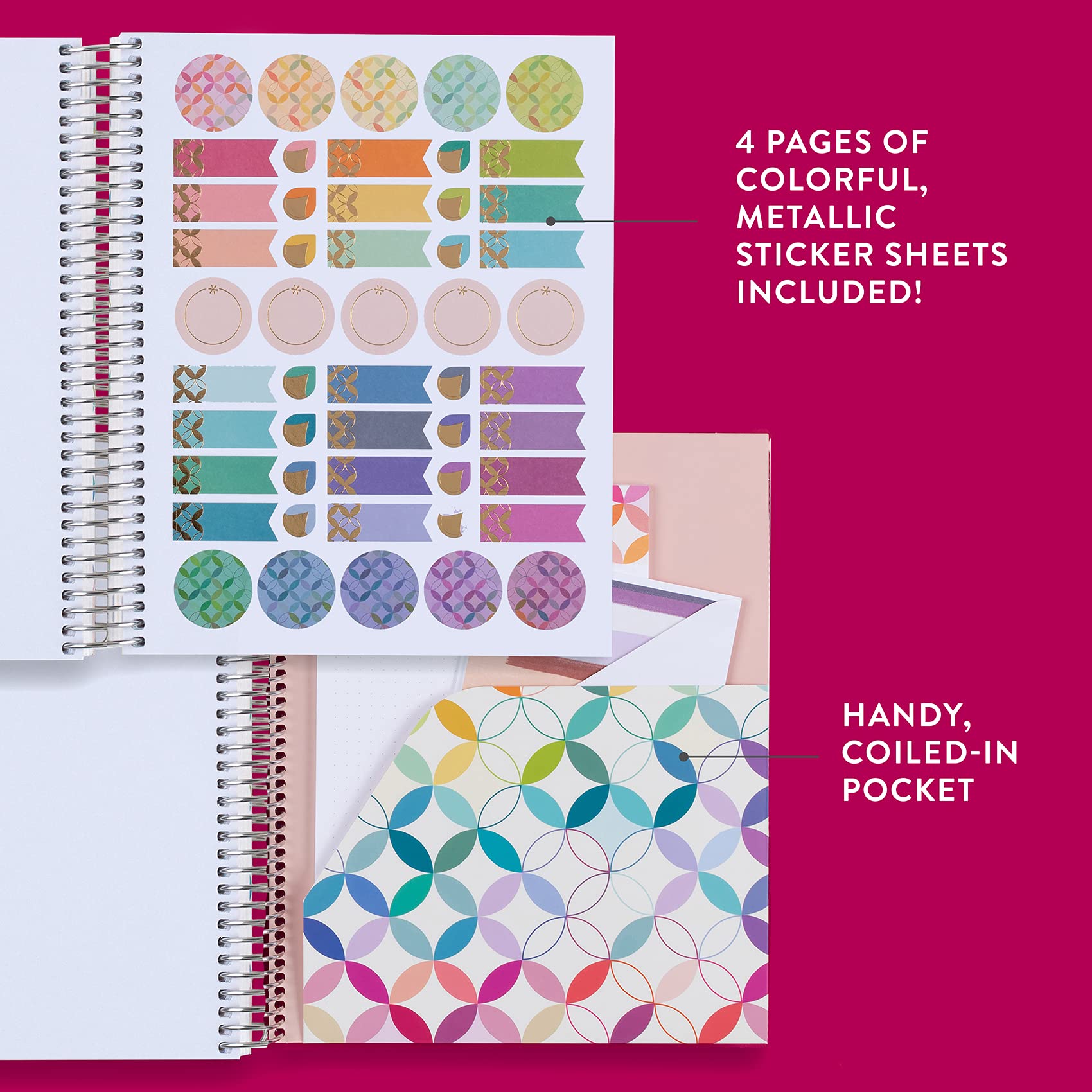 8.5” x 11” 12 Month Spiral Bound Life Planner ( Jan 2022 – Dec 2022 ) – Green Wedding Shoes Peonies Cover + Mid Century Circles Interior Pages. Horizontal Weekly and Monthly Agenda by Erin Condren.
