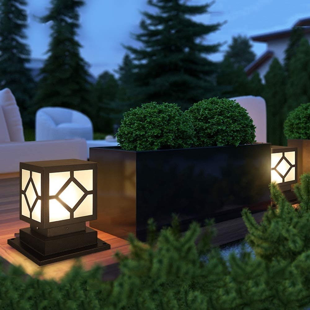 Bwldma Square Retro Courtyard Lamp Led Outdoor Waterproof Post Lamp Retro Industrial Home Garden Pillar Light Glass Lampshade Gate Villa Courtyard Park Column Headlight (Size : 23cm)