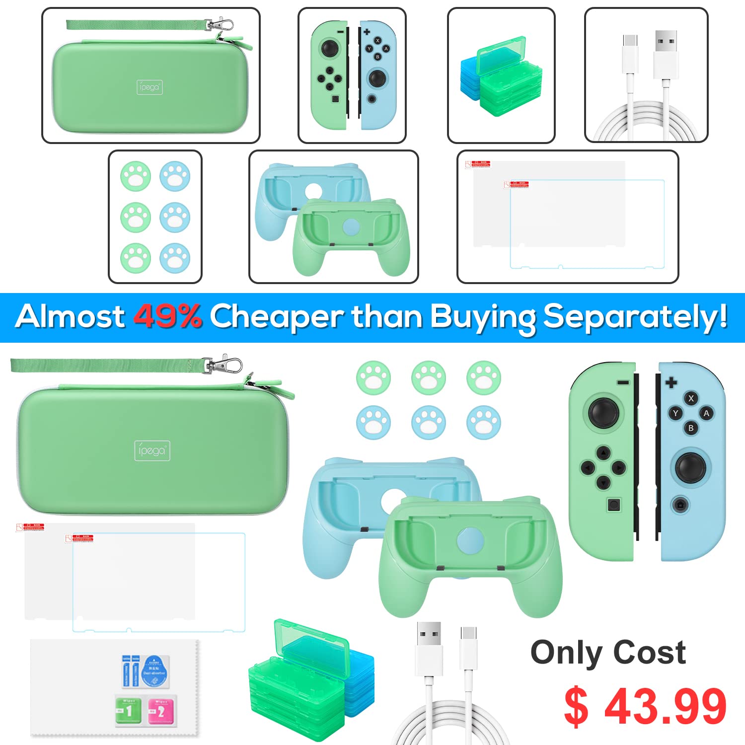 Accessories Bundle Compatible with Nintendo Switch for Animal Crossing,26 in 1 Accessories kit Carrying Case,Screen Protector,Handle Grips,Steering Wheels,Silicone Case,Thumb Caps for Joy Con