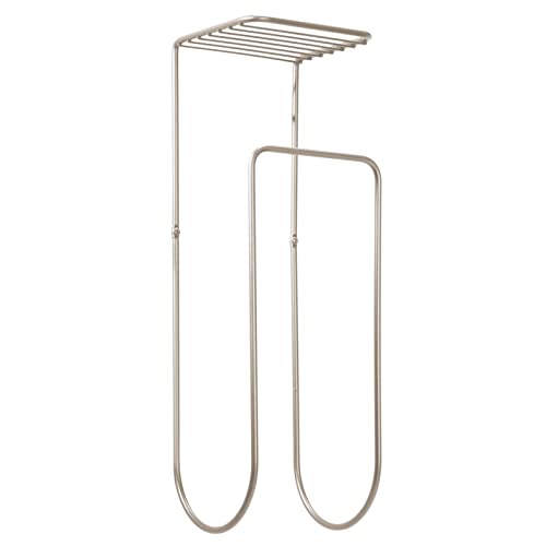 mDesign Bathroom Towel Holder and Organizer with Storage Shelf - Modern Metal Wall Mount Towel Rack - Towel Holder Rack for Bathroom with Shelf for Soaps and Accessories - Concerto Collection - Satin