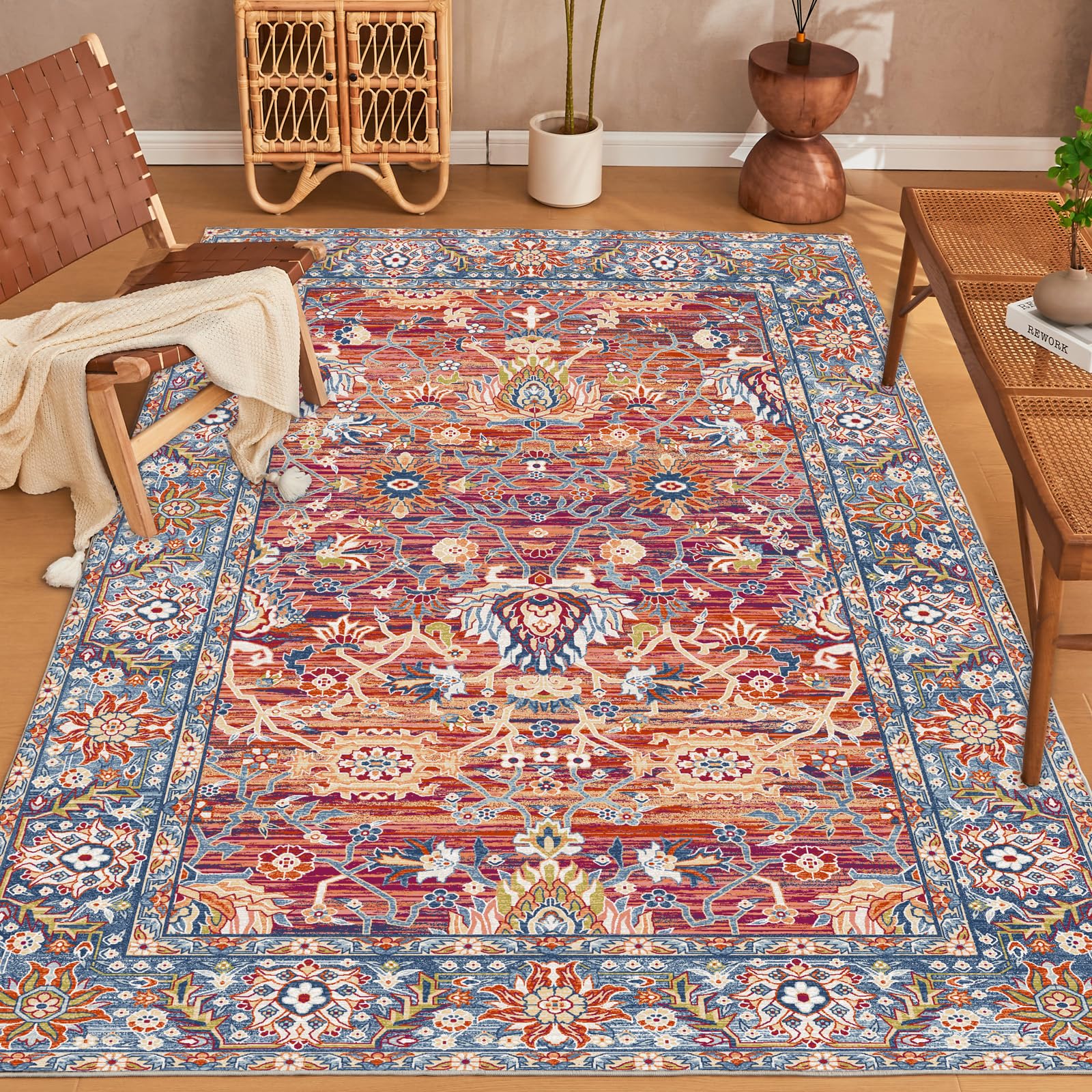 8x10 Area Rugs Washable Living Room Rug Colorful Boho Area Rug Non Slip Floral Vintage Low Pile Throw Rugs Large Oriental Area Rugs for Living Room Bedroom Farmhouse Dining Room Nursery Room Playroom