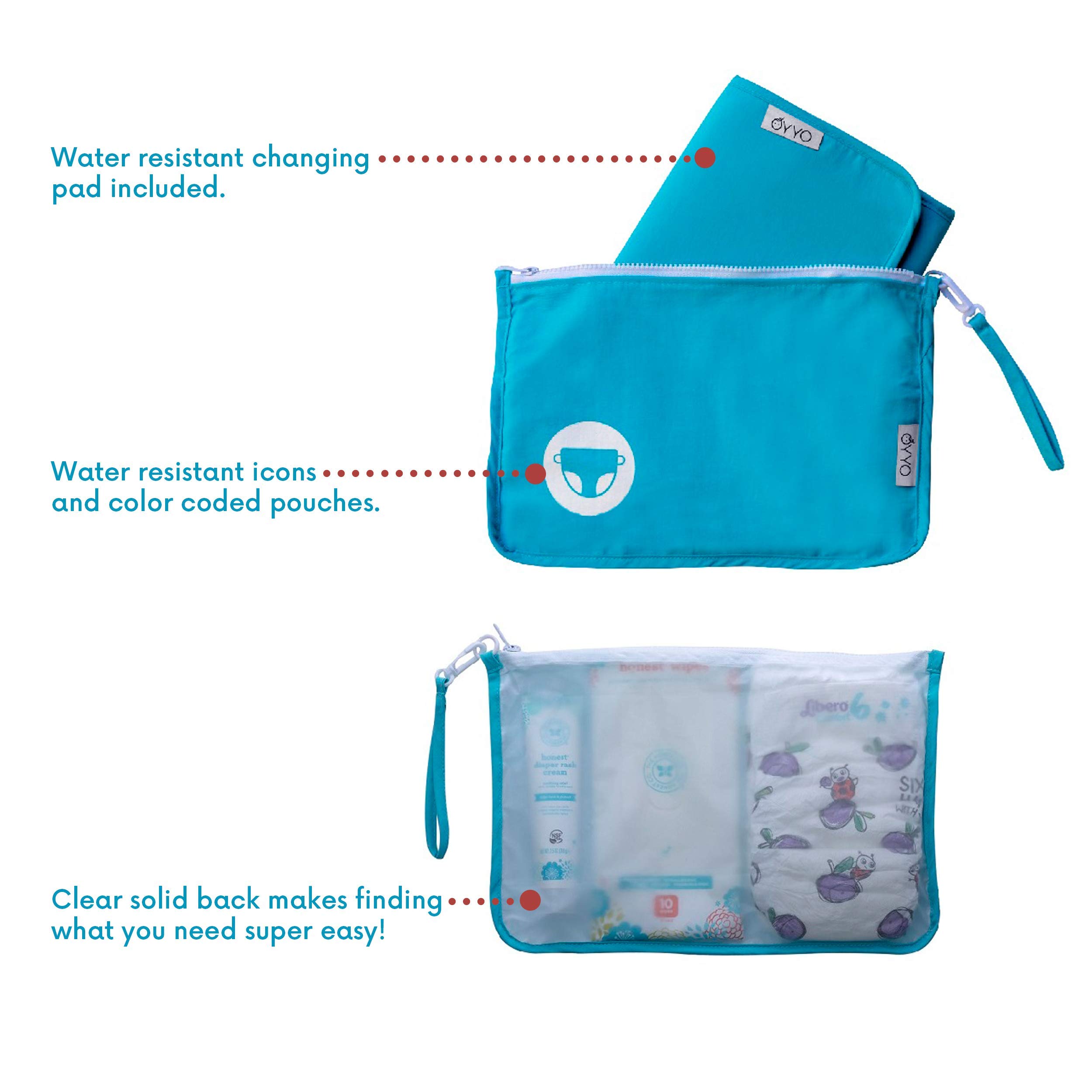 OYYO Diaper Bag Organizer Pouches a 5 pc Set. Machine Washable, Color Coded, Diaper pad and Wet Bag Included.