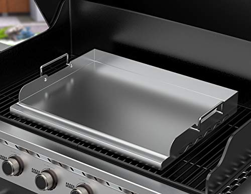 Skyflame Universal Stainless Steel Griddle Flat Top Plate with Even Heating Bracing for BBQ Charcoal/Gas Grills, Camping, Tailgating, and Parties 17" x 13"