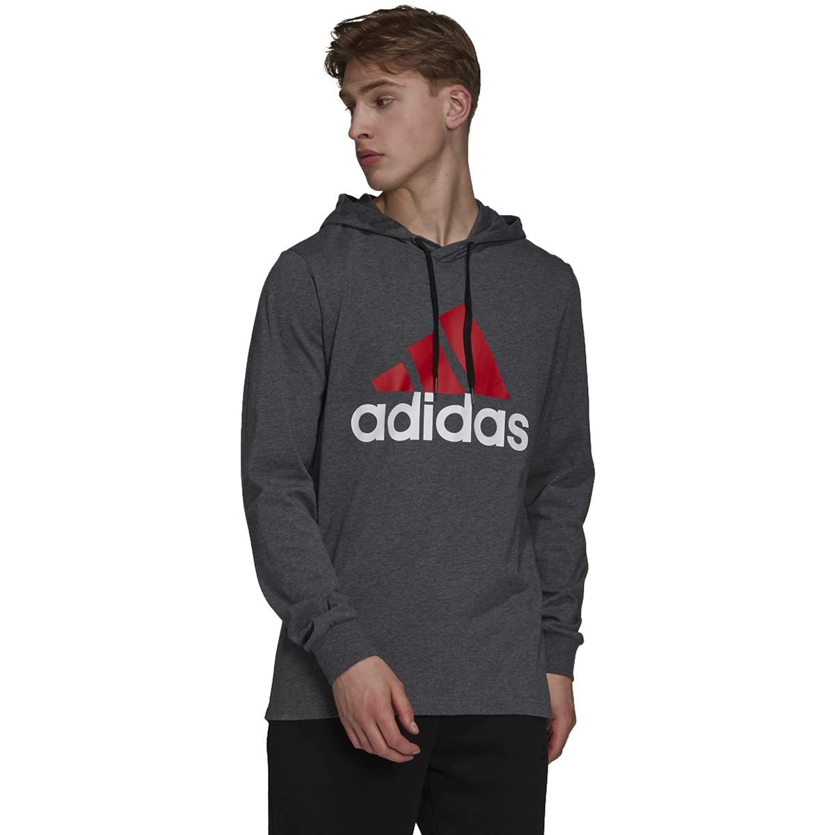 adidas Men's Size Essentials Logo Hoodie, Dark Grey Heather/Scarlet, 3X-Large/Tall