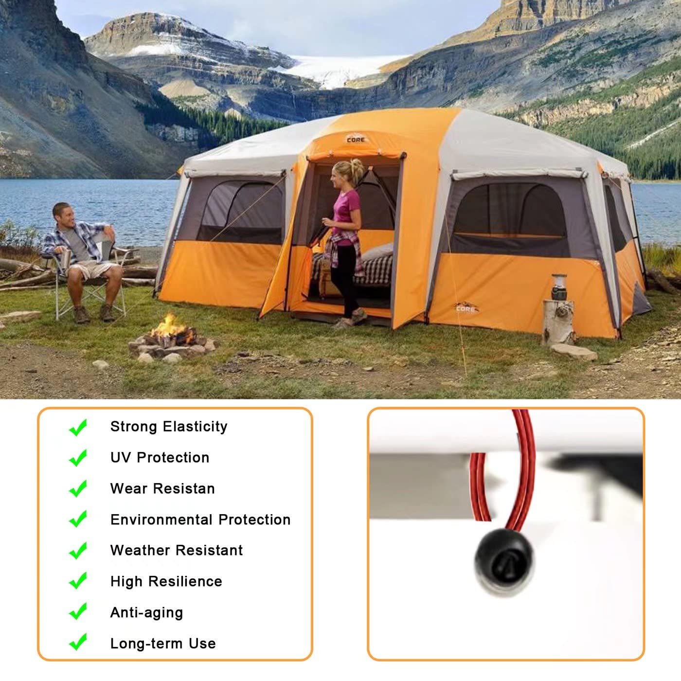8 Pcs 10 inch Canopy Stakes Spiral Plastic Tent Pegs with 10PCS 6inch Ball Bungee Cords Red Elastic String Cord with Black Ball