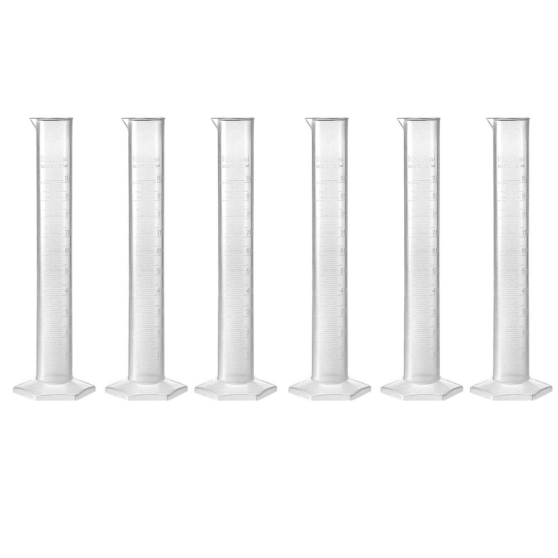 uxcell Plastic Graduated Cylinder, 100ml Measuring Cylinder, Science Test Tube Beakers, Single Metric Scale, Clear Hex Base Flask for Lab Home 6pcs