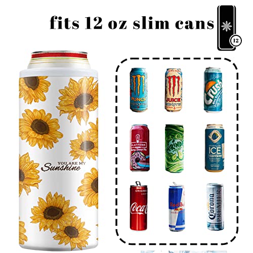Slim Can Cooler Insulated Skinny Stainless Steel Doucle Freezable Can Cooler Sleeve Hard Seltzer 12 oz Slim Cans (Sunflower)