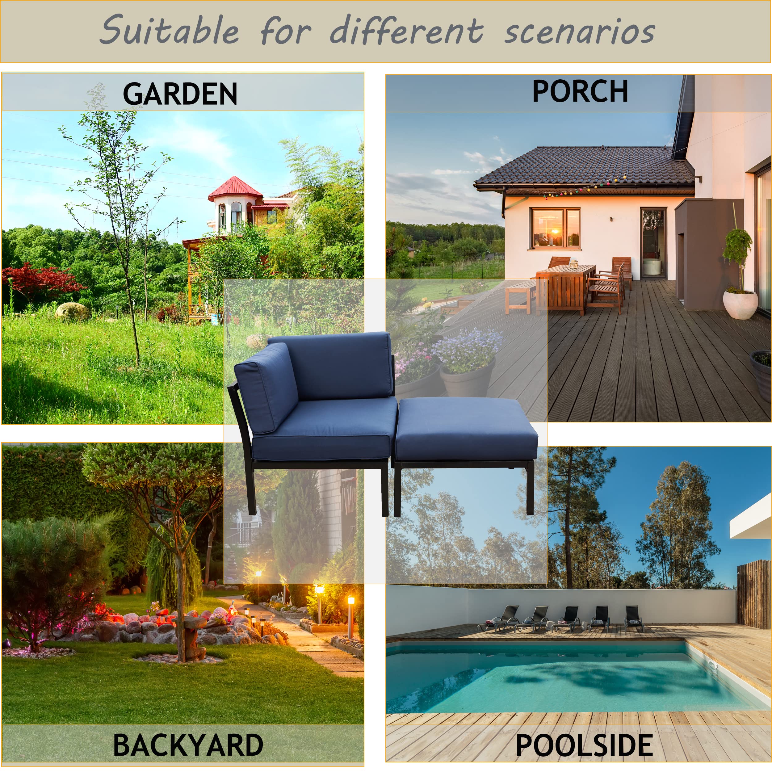 LOKATSE HOME 2 Piece Outdoor Patio Furniture Loveseat Couch with Corner Sofa and Metal Steel Frame Ottoman, Blue