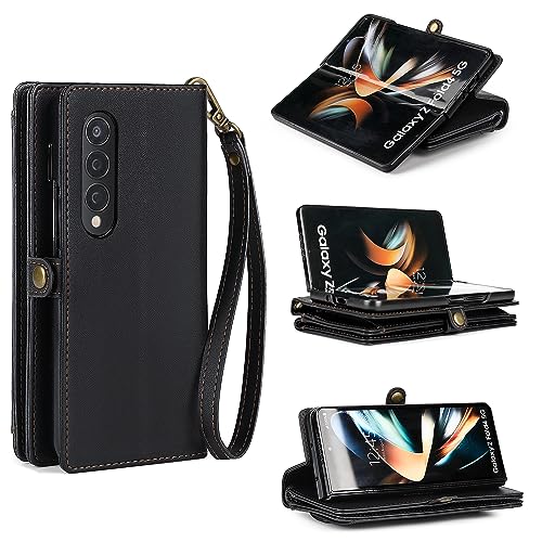 DKDKSIP for Samsung Galaxy Z Fold 4 Wallet Case for Women, RFID Blocking Card Holder, PU Leather Flip Phone Case with Crossbody Strap Wristlet Kickstand for Galaxy Z Fold 4, Black