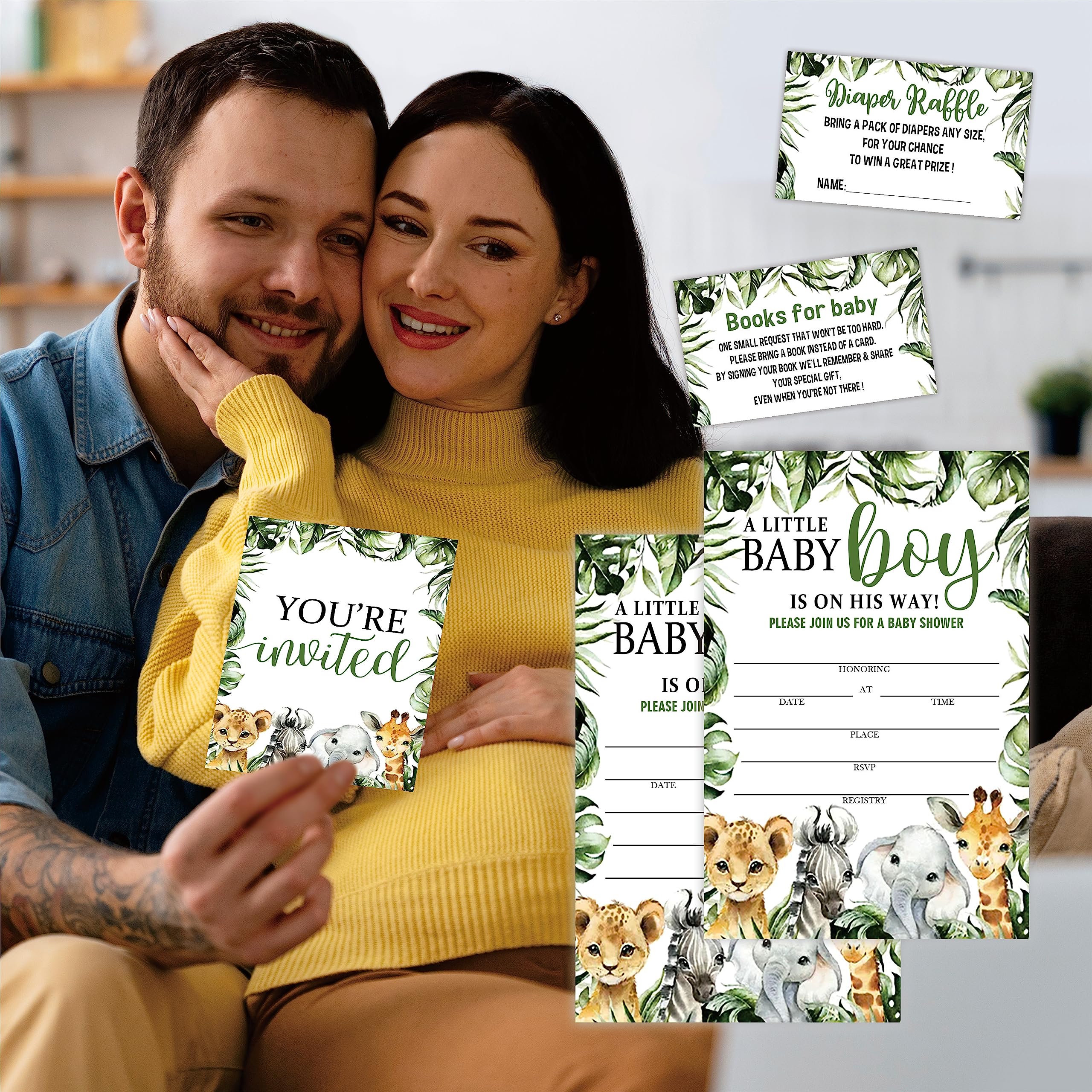 Baby Boy Baby Shower Invitation Set - Greenery Animals Theme - 25 Invites & Envelopes,25 Dipaer Raffle Tickets & 25 Book Request Cards - Gender Reveal Party Supplies -TZ-A06