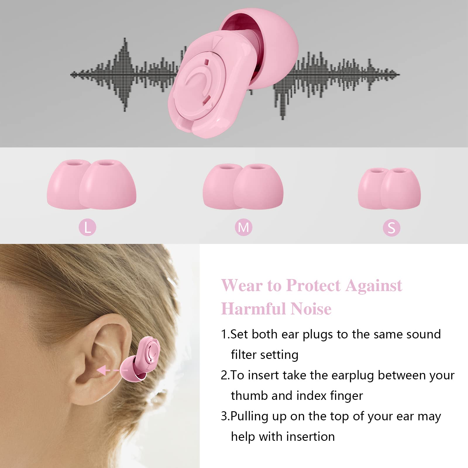 Adjustable Ear Plugs for Noise Reduction-3 Pairs of Reusable Hearing Protection in S/M/L for Sleep, Studying, Flights, Noise Sensitivity-Pink