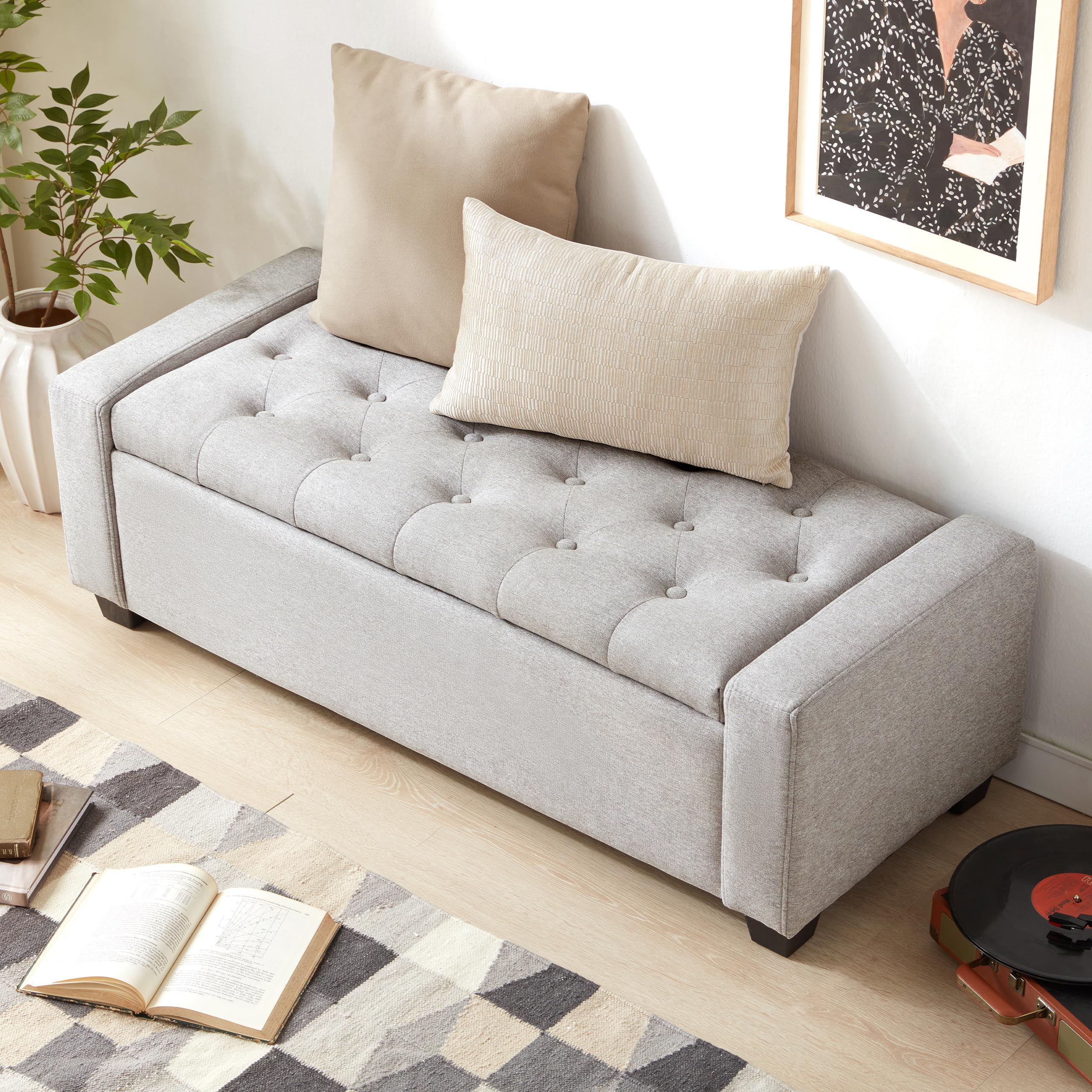 Huatean Home Ottoman with Storage, Storage Ottoman Bench with Safety Hinge, Upholstered Storage Bench with Seating for Bedroom, Living Room, Holds up to 330 lb(Light Gray)