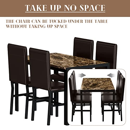 DKLGG Marble Dining Table Set for 4, 5-Piece Faux Marble Kitchen Table and Chairs for 4, Space Saving Dining Room Table Set w/4 Upholstered PU Leather Chairs, Ideal for Dining Room, Kitchen, Corner