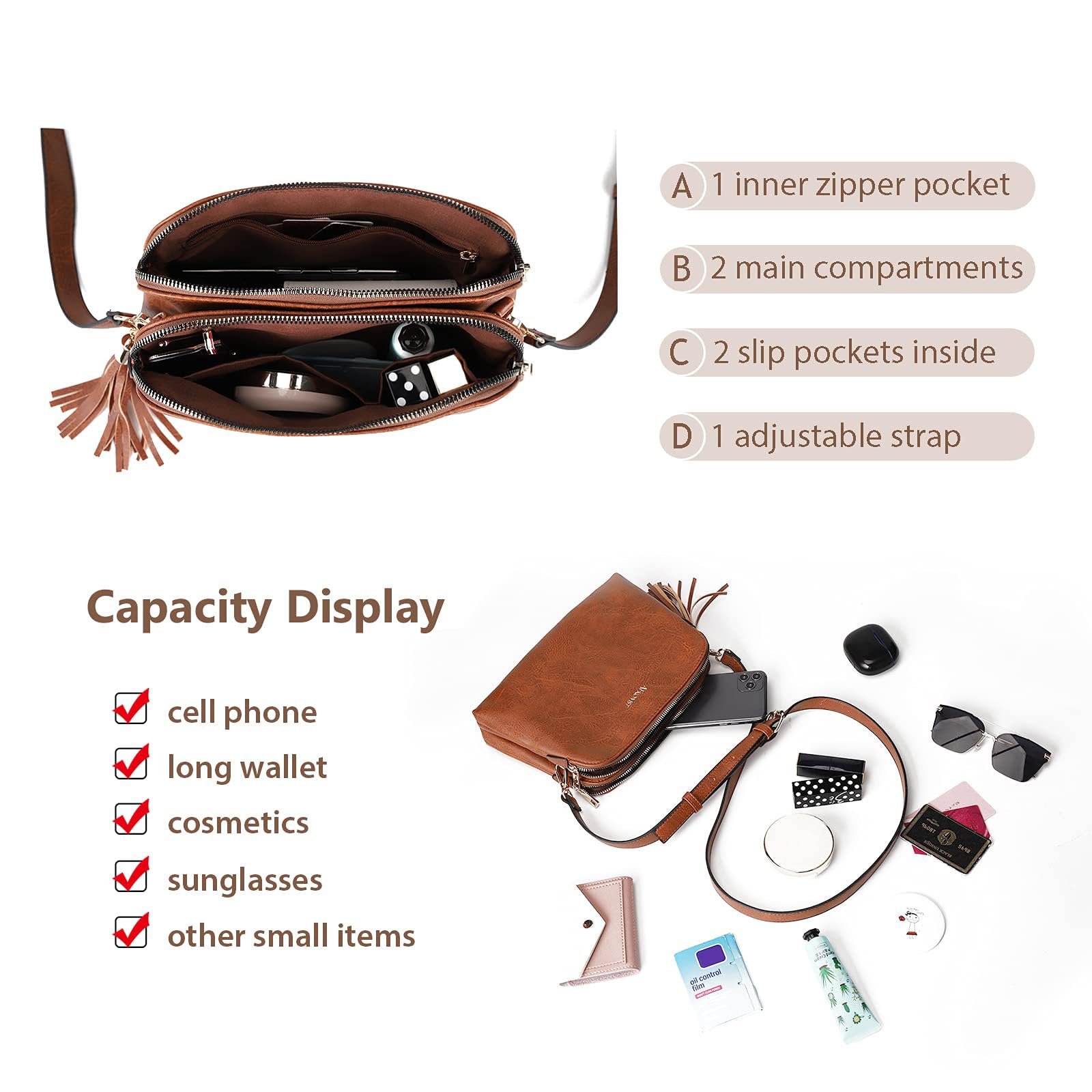 Crossbody Bags for Women Small Saddle Purses and Boho Cross body Handbags,Vegan Leather, Caramel Brown