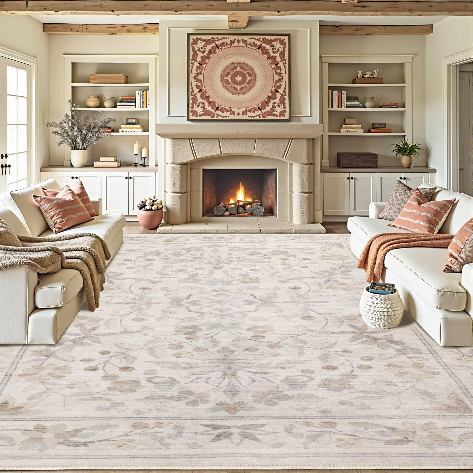 Area Rugs 8x10 for Living Room, Ultra-Thin Beige Vintage Large Floral Washable Rug Soft Non-Slip Backing Floor Mat Carpet Indoor Thin Rug for Bedroom Dining Room Playroom Office Home Decor