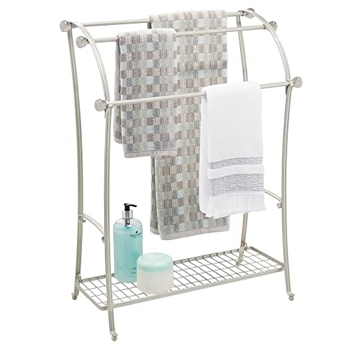 mDesign Large Standing Metal Bathroom Towel Holder Stand with Shelf - 3-Tier Towel Rack Stand for Hanging Bath, Hand, and Fingertip Towels - Towel Stand for Bathroom - Hyde Collection - Matte Satin