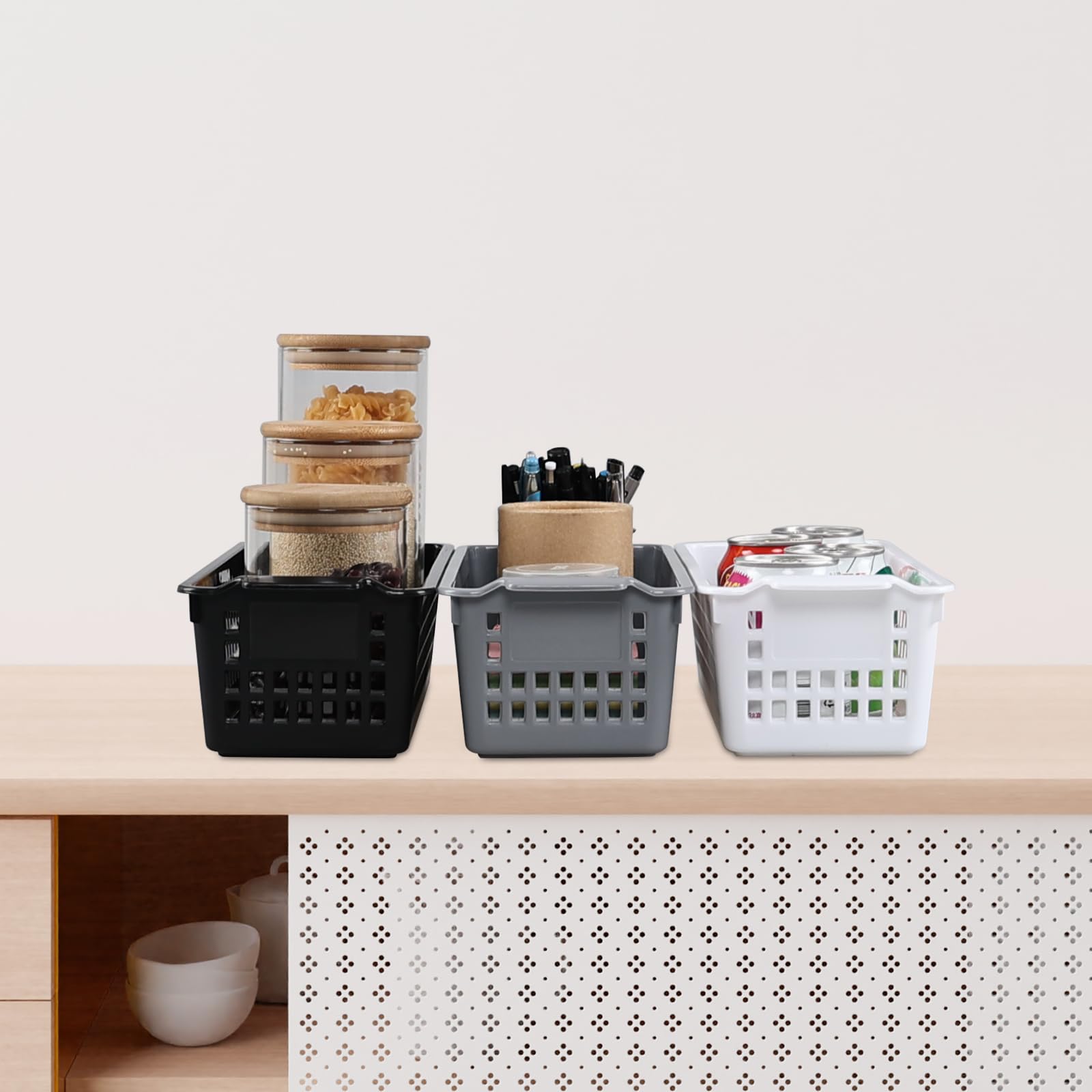 Hayixia Gray Plastic Slim Storage Basket, Small Shelf Organizer Basket Tray, Set of 12