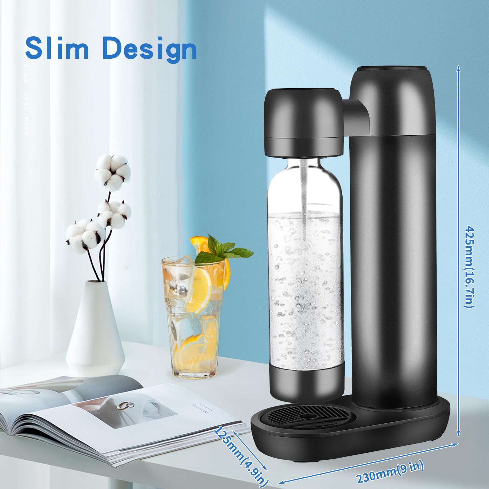 spoonlemon Sparkling Water Maker, Soda Streaming Machine for Home Use, Carbonated Water Machine with BPA Free 1L PET Bottle, Compatible with Any Screw-in 60L CO2 Exchange Carbonator, Black