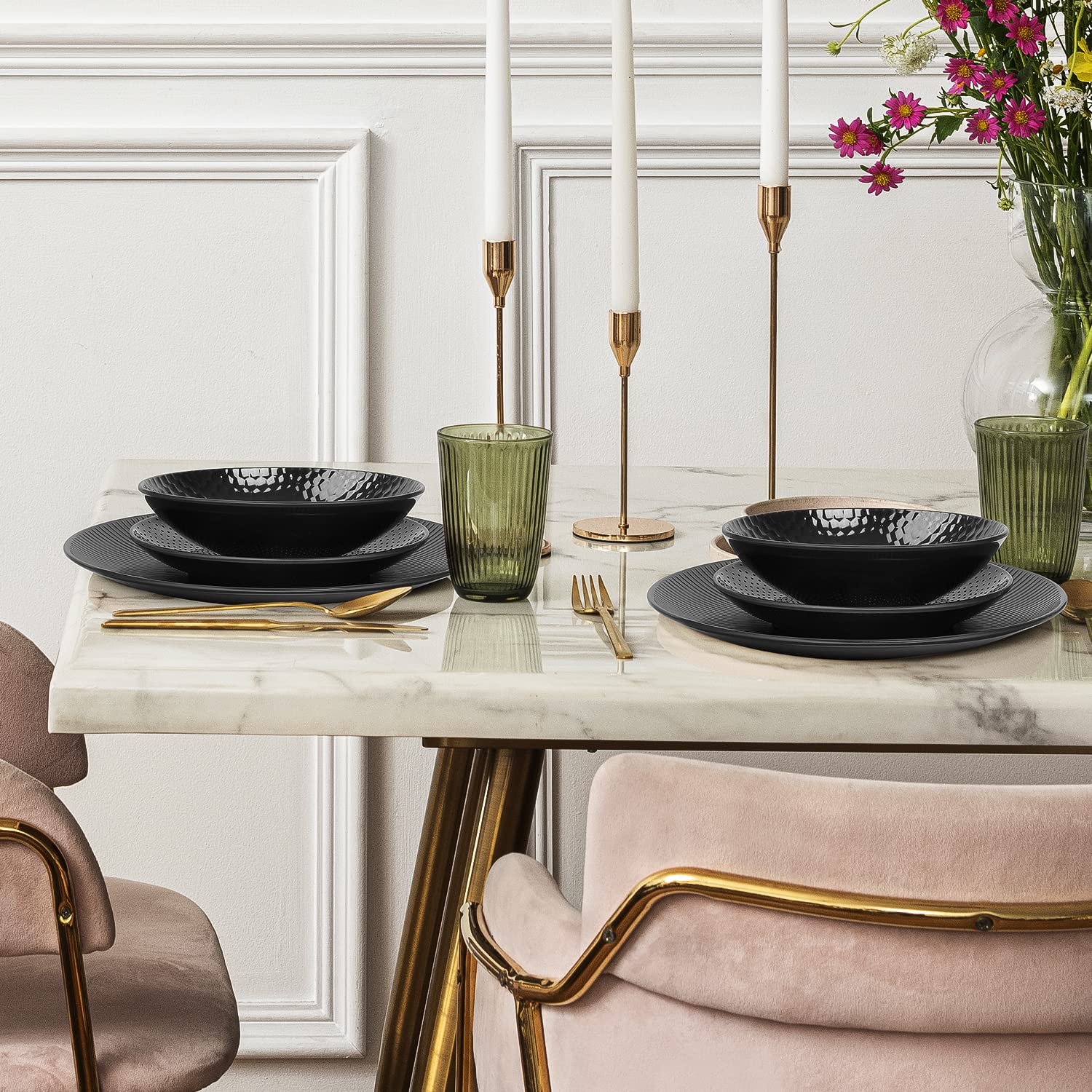 afcevnlb Black Dinnerware Sets 12 pcs Melamine Plates and Bowls Sets Round Dinner Set with Plates, Dishes, Bowls and Serving Platters, Kitchen Dinnerware Sets for 4