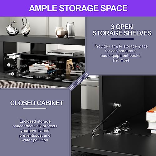 DMIDYLL Black TV Stand with LED Lights for TVs up to 65'', Modern TV Console with Storage Cabinets for Living Room, Bedroom, LED Entertainment Center