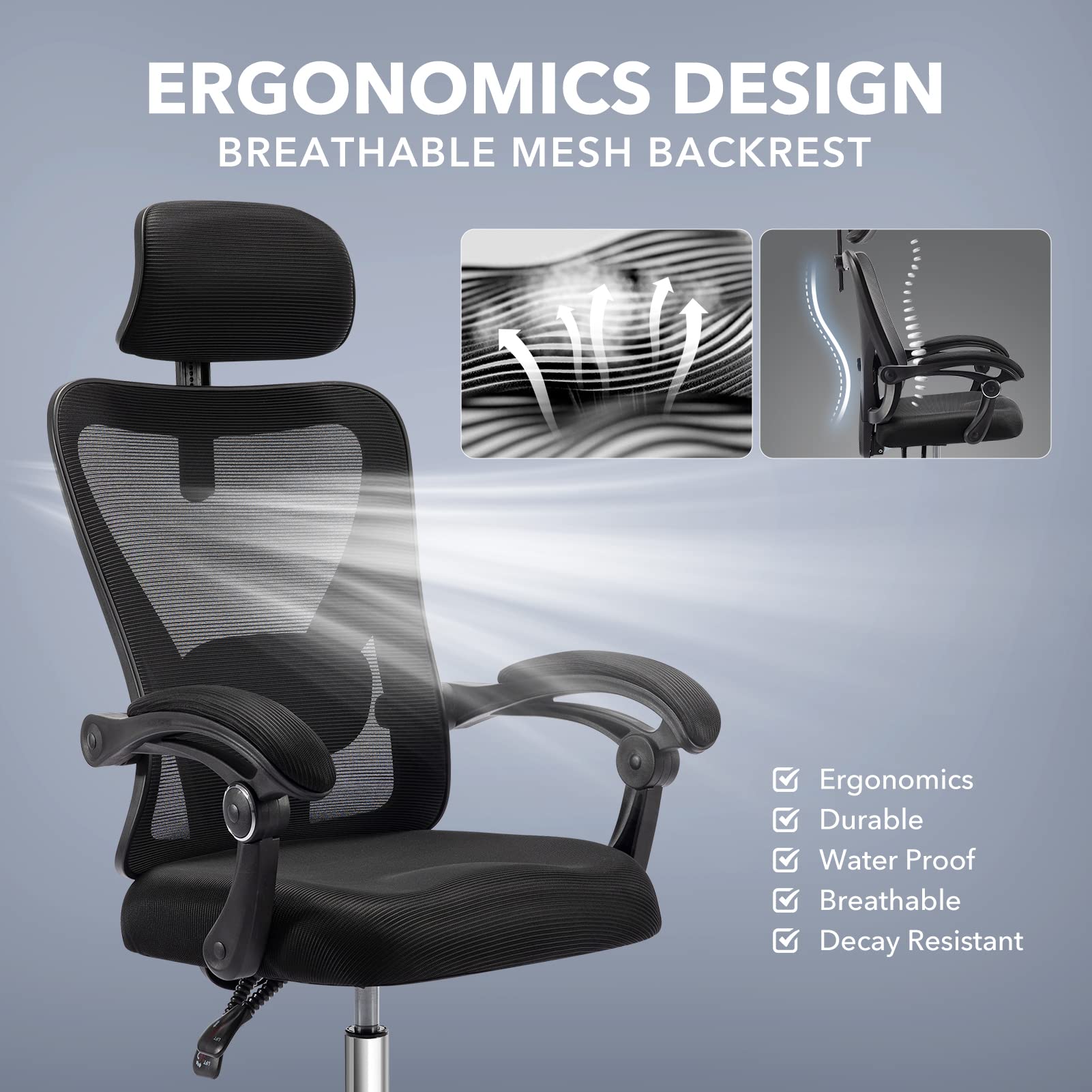 ACCHAR Ergonomic Office Chair, Reclining Mesh Chair, Computer Desk Chair, Swivel Rolling Home Task Chair with Padded Armrests, Adjustable Lumbar Support and Headrest (Black)