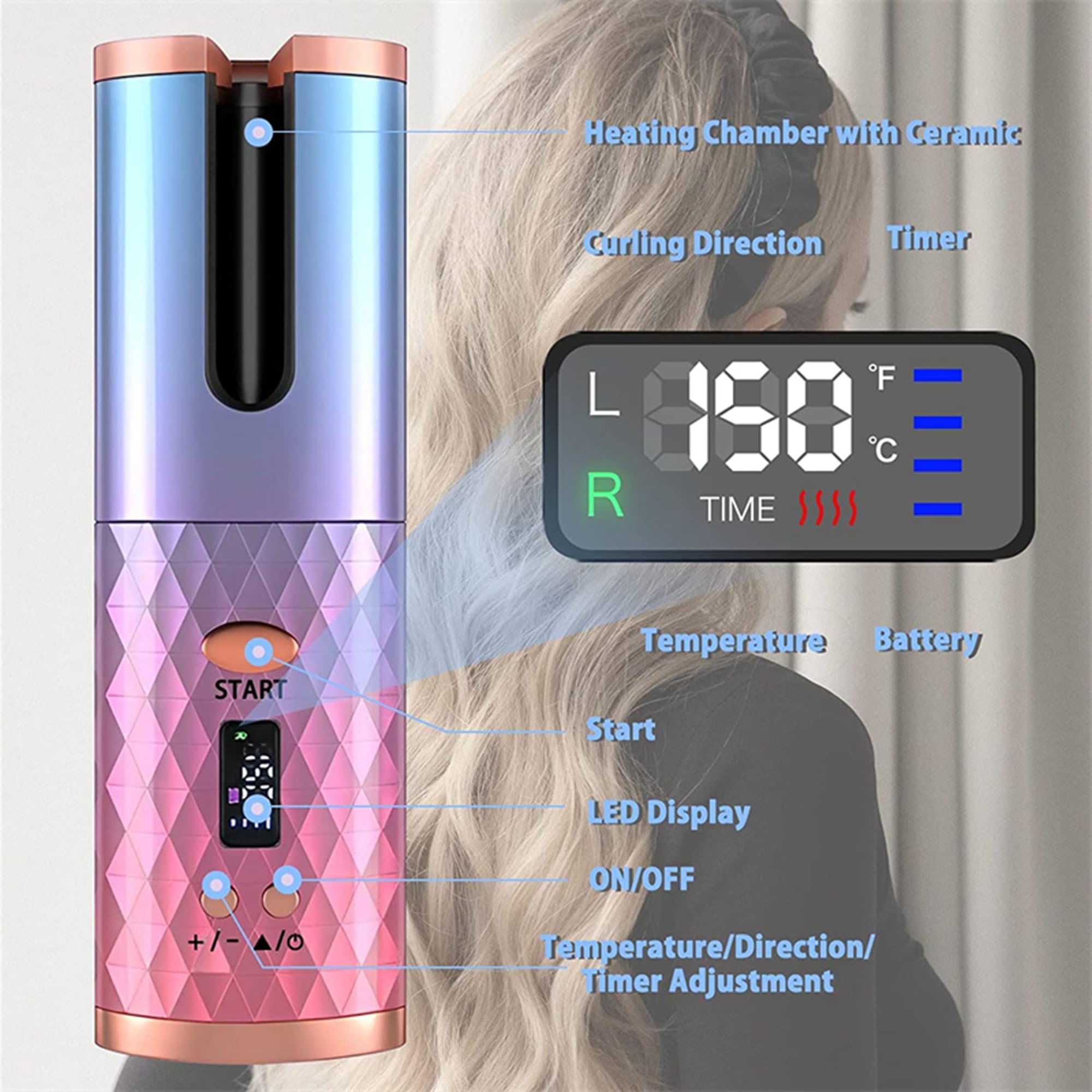 AGRATU Automatic Curling Iron Wireless Auto Rotat Ceramic Hair Curler Cordless Automatic Hair Curler with LCD Display 6 Temps and Timers USB Charging Auto Shut-Off Create Stunning Curls