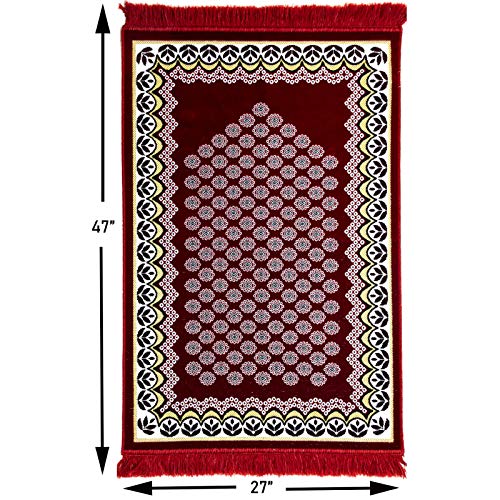 Modefa Prayer Rug Free Prayer Cap & Beads - Thin Velvet Namaz Sajadah Janamaz Floral Daisy Arch (Red)