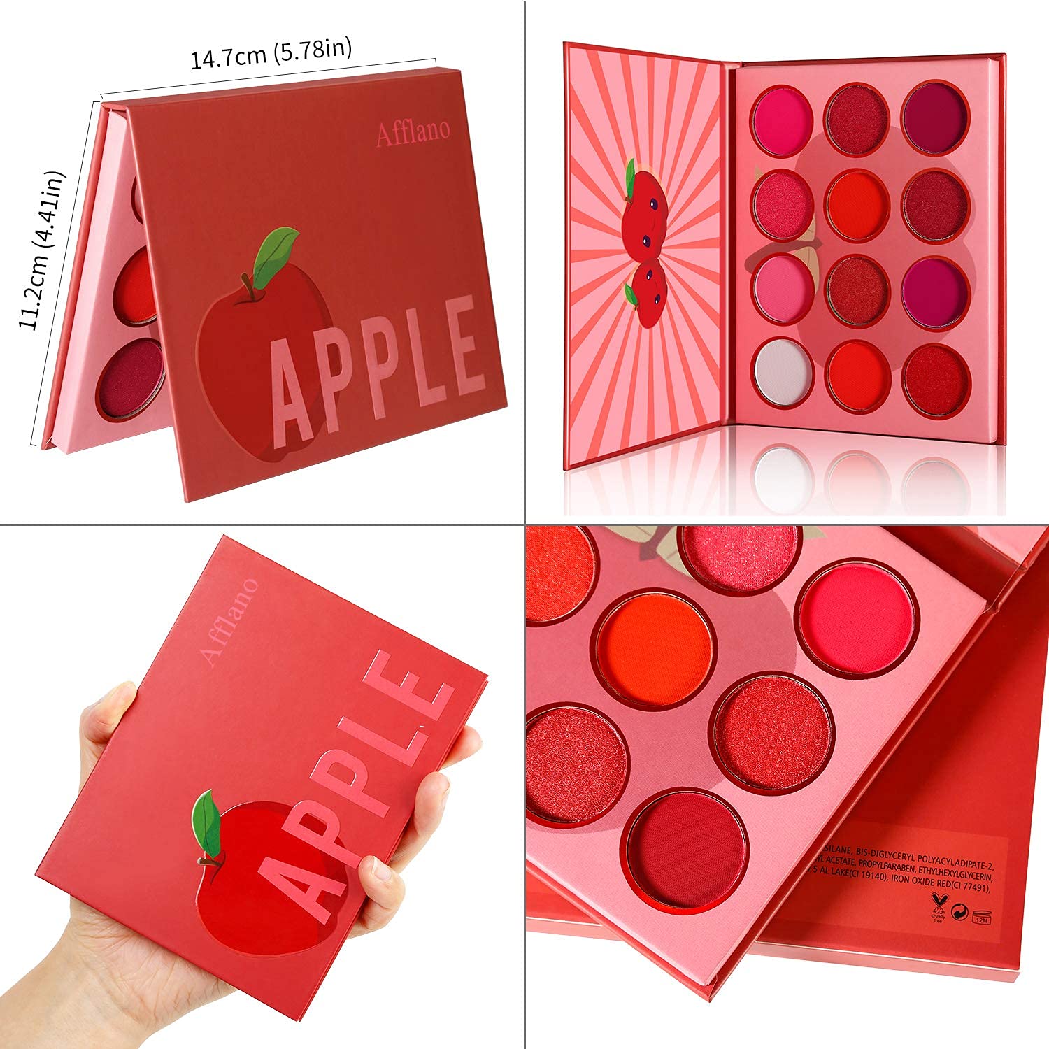 Afflano Red Eyeshadow Palette Makeup, Ultra Pigmented and Blending Bright Dark Hot True Red Eye Shade 12 Color, Cruelty Free Velvet Matte Shimmer Warm Fall Sunset Pink Red Eye Shadow Pallet
