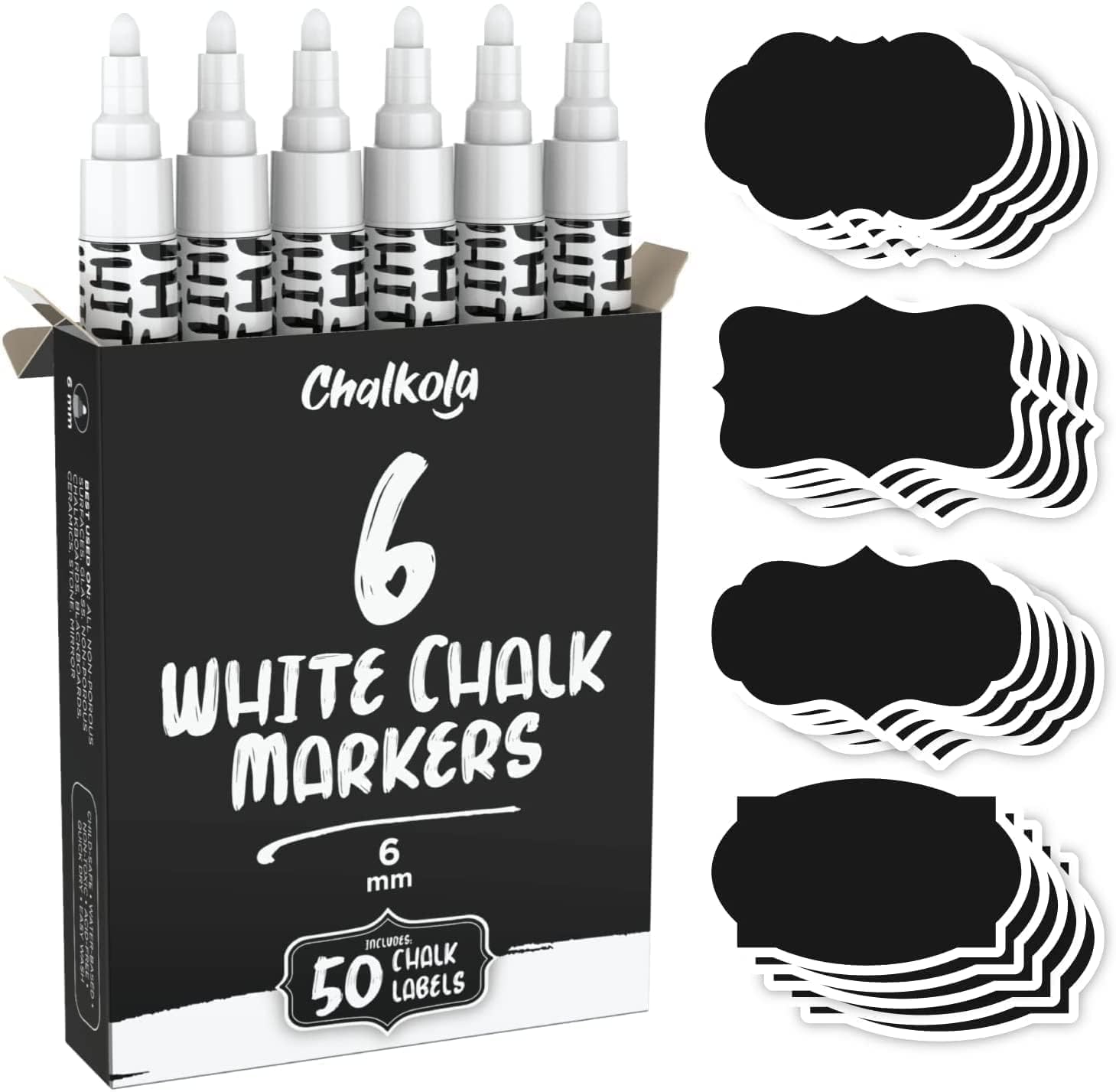Chalkola White Chalk markers (6 Pack) - White Dry Erase Liquid Chalk Pens for Chalkboard, Blackboard, Window, Bistro, Car Glass, Board, Signs - Erasable ink 6mm Reversible Tip + 50 Chalk labels