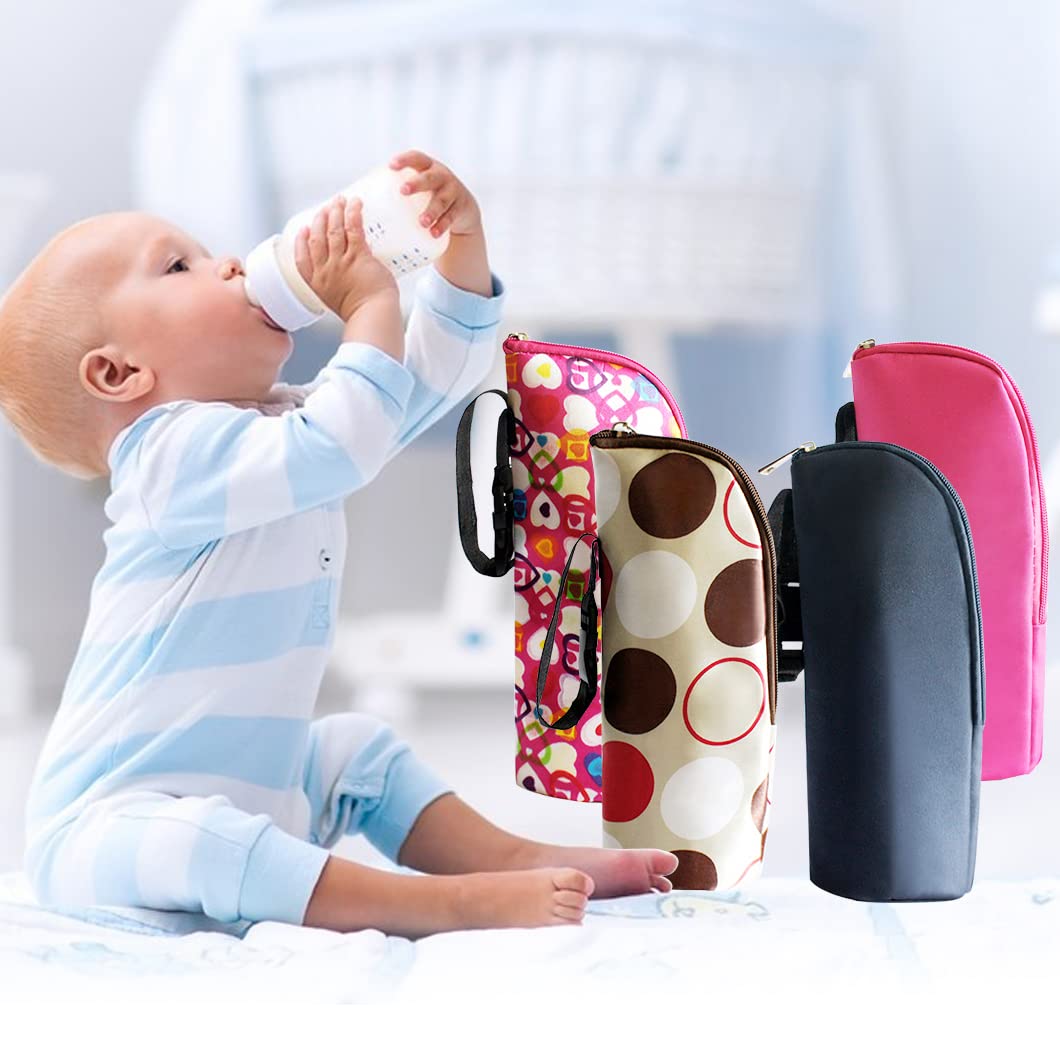 Rolin Roly 2Pcs Bottle Cooler Bag Baby Bottle Organizer with Strap Baby Thermal Insulated Bags Portable Multipurpose Breastmilk Tote 8 x 8 x 24cm (Rose red + black)