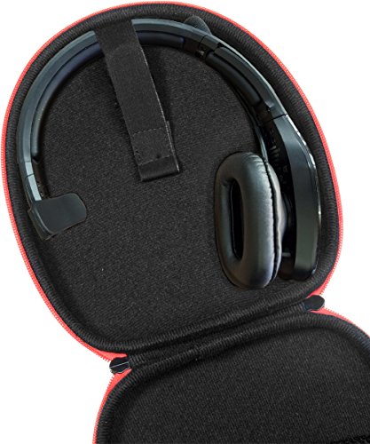 Headset Case for VXi BlueParrott B450-XT, B450-XT -204010-C, B350-XT, B250-XTS, C400-XT, Mesh pocket for cable, amplifier and other accessories, detachable wrist strap for easy carry, Black + red zip